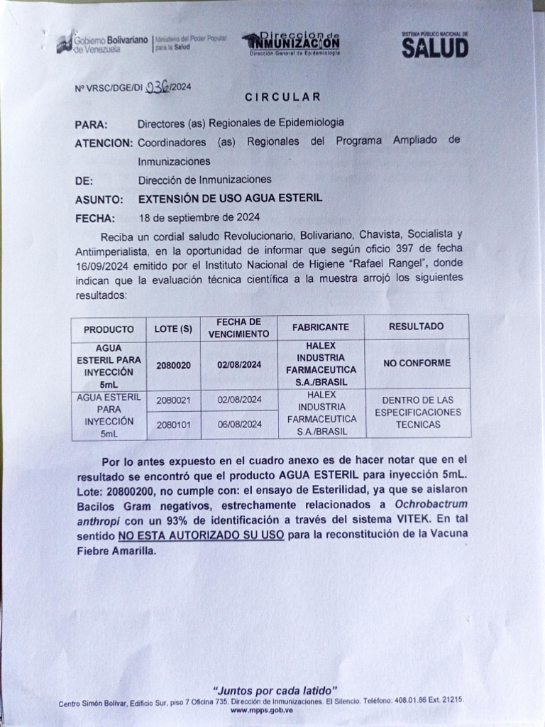 Circular #036 Extensión de Uso Agua Esteril | PDF | Inmunología | Ciencias de la Salud