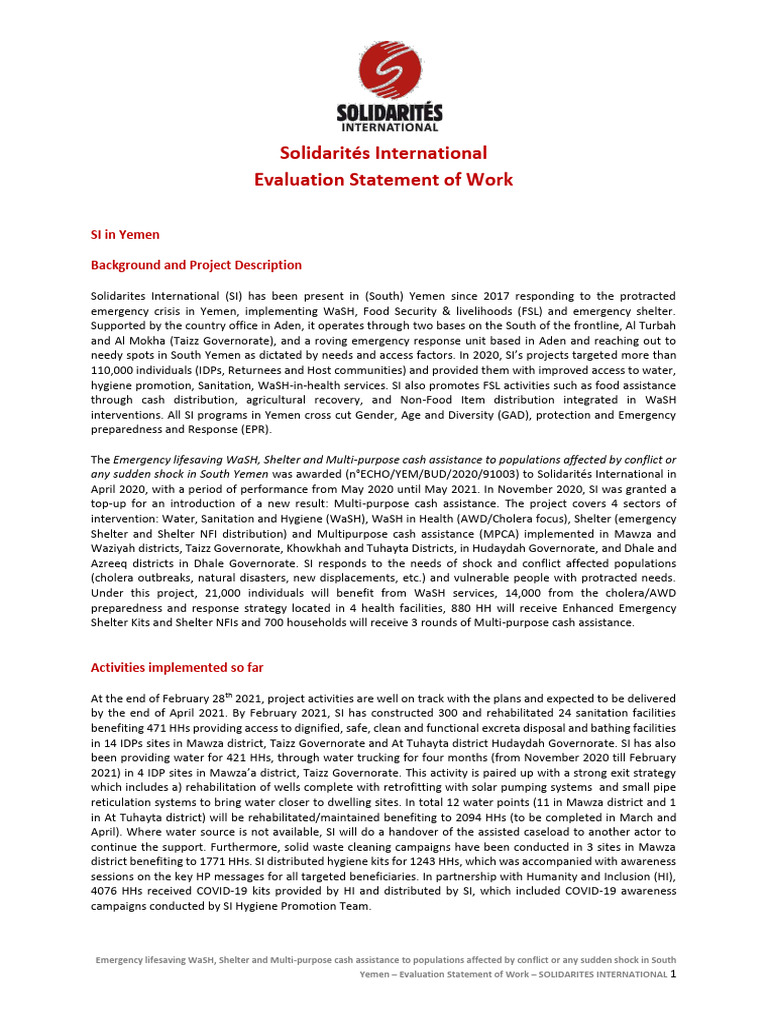 SI ECHO Yemen Evaluation Statement of Work Final | PDF | Wash | Methodology