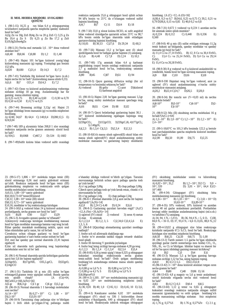 Mol-Modda Miqdori. Avogadro Qonuni | PDF