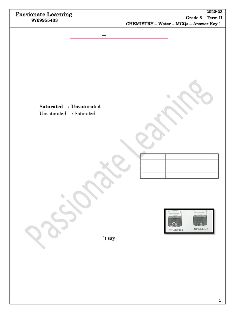 Water – MCQs – Answer Key 1 | PDF | Solubility | Water