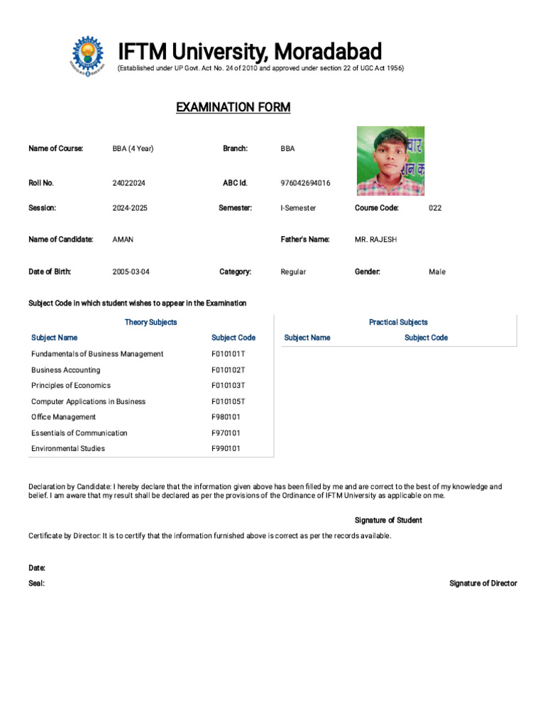 IFTM University Examination Form 2025 | PDF