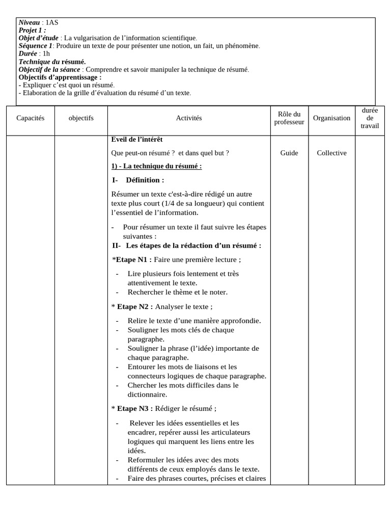 Technique de Résumé en 1AS | PDF | Linguistique