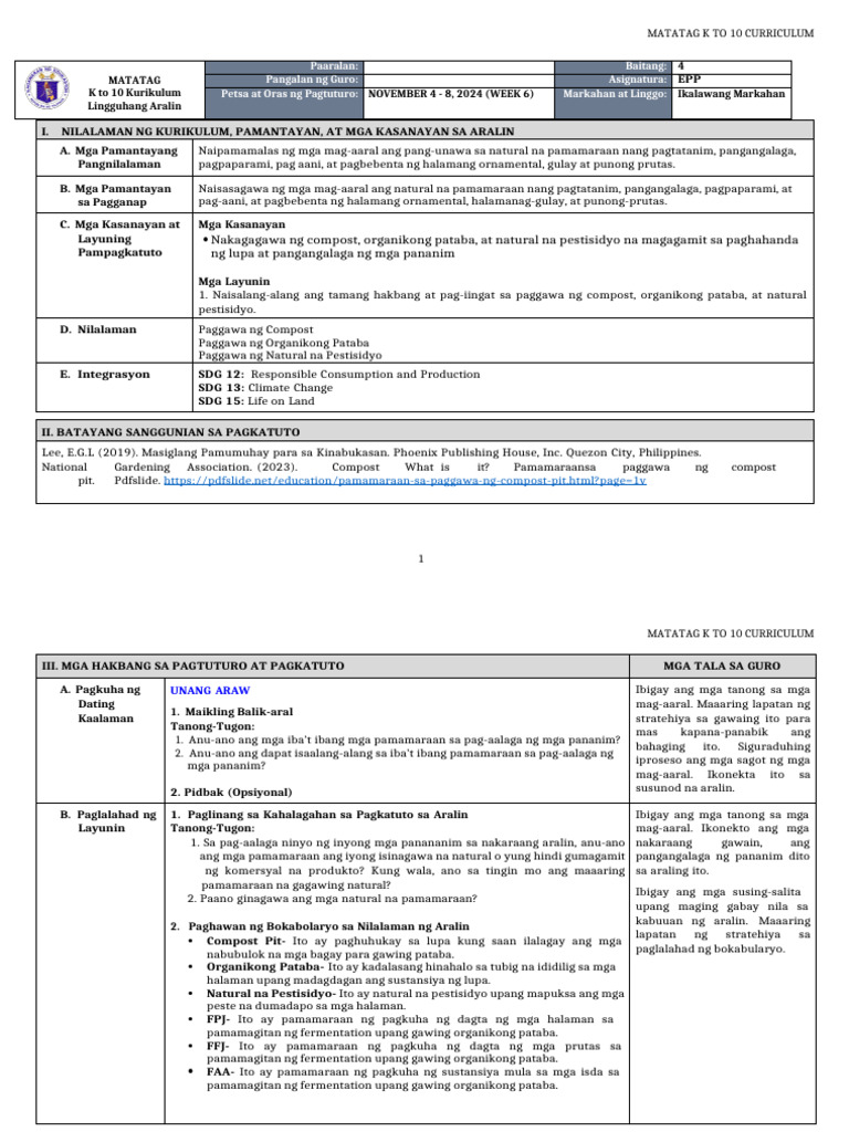 DLL Matatag - Epp 4 Q2 W6 | PDF