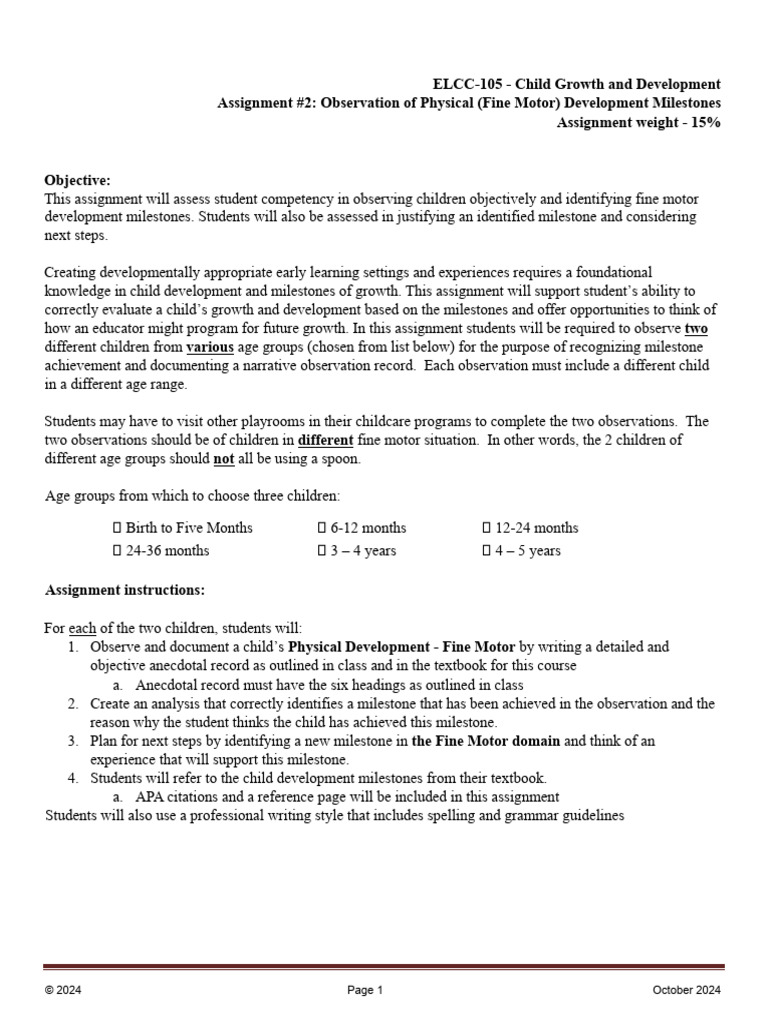 Fine Motor Development Observation Assignment | PDF | Apa Style | Citation