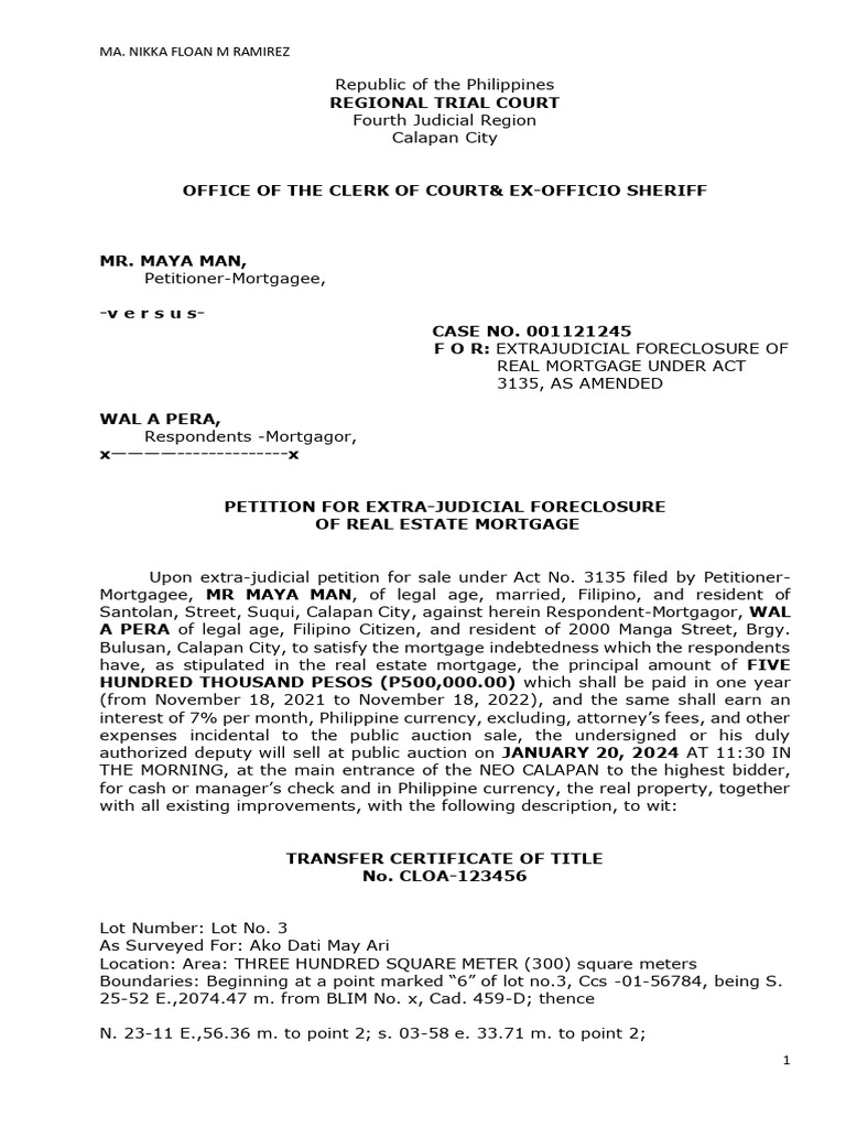 Extrajudicial Foreclosure Notice | PDF | Foreclosure | Real Property Law