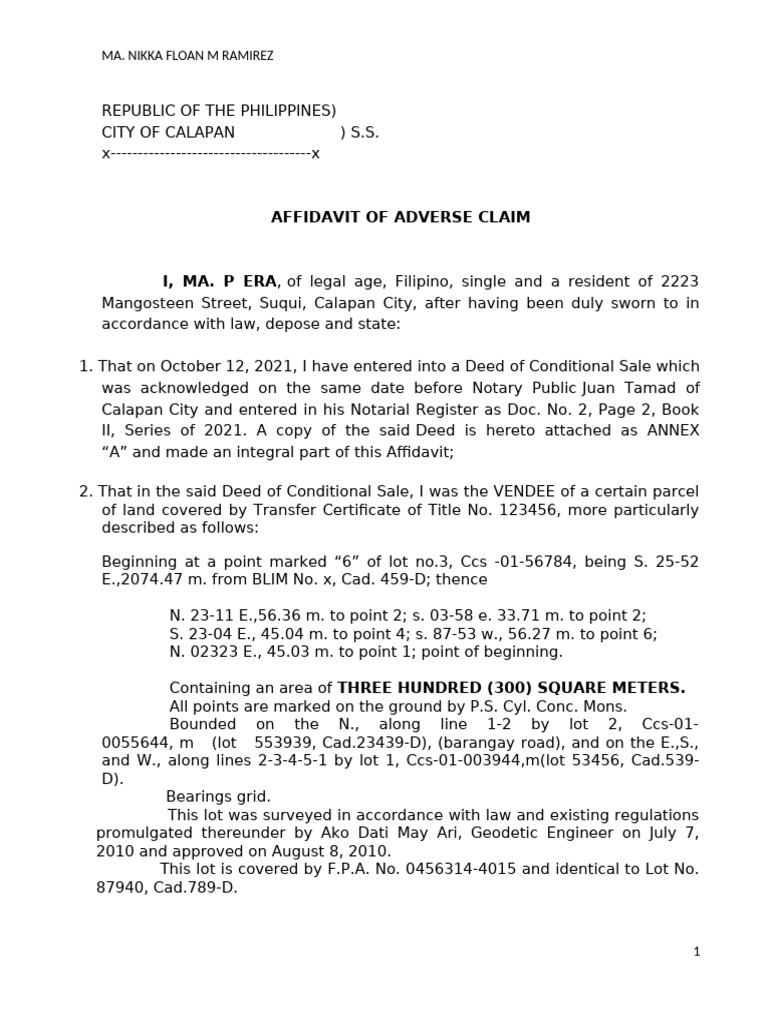Affidavit of Adverse Claim | PDF | Civil Law (Common Law) | Justice