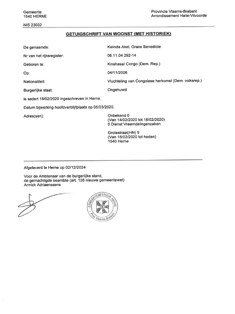 Genaamde: Rijksregister: Te: Op: Nationaliteit: Staat: Getuigsch Van ...
