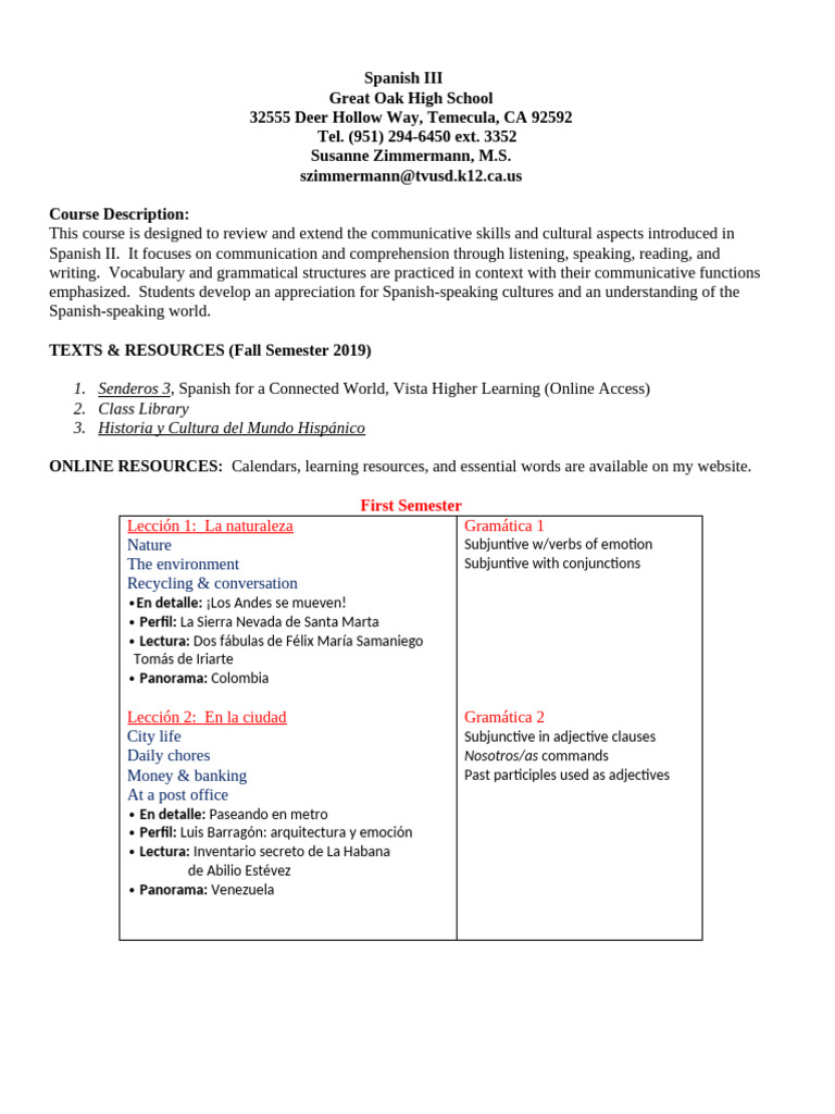 2019-20 Syllabus Spanish 3 Updated July 8 | PDF | Grammatical Tense ...