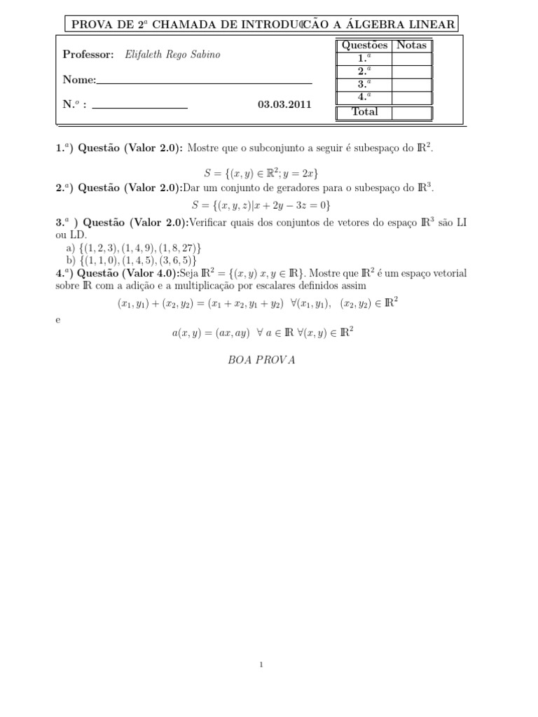 1 prova de algebra | PDF