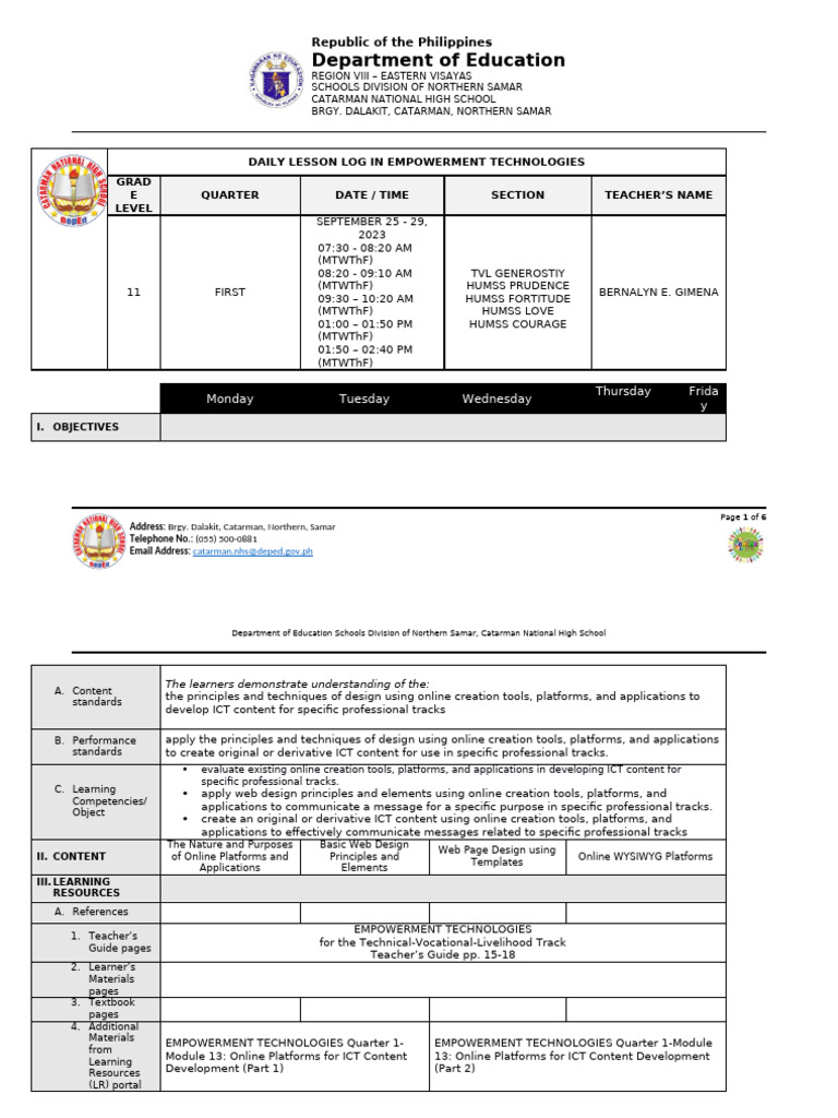 Daily Lesson Log Week 5 | PDF | Web Design | Educational Technology