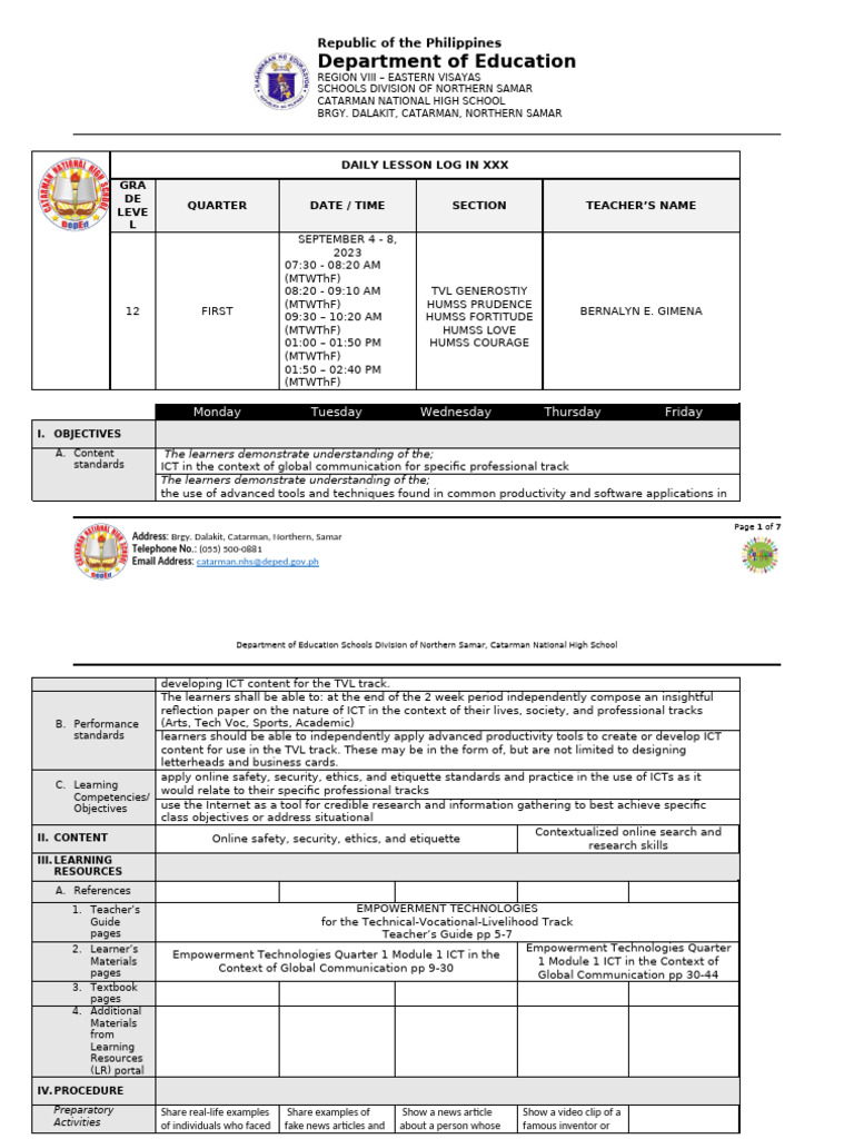 Daily Lesson Log Week 2 Pdf Learning Educational Technology
