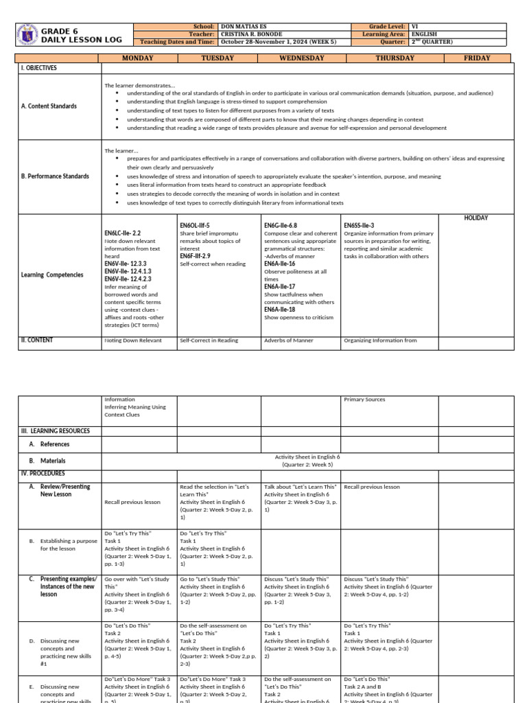 DLL - English 6 - Q2 - W5 | PDF | English Language | Reading Comprehension
