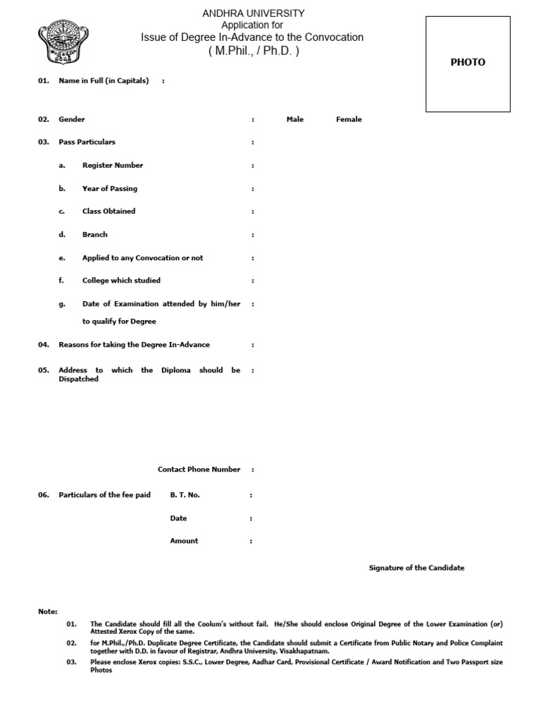 Application For Issue of Original Degree in Advance To The Convocation (M.Phil.,Ph.D.) | PDF ...