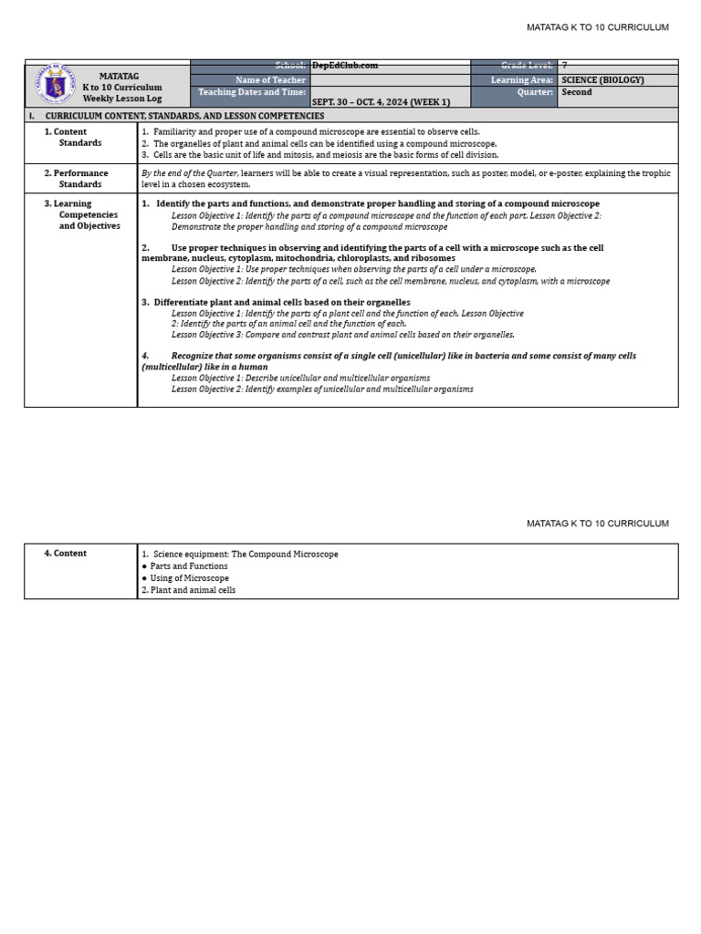 DLL Matatag - Science 7 Q2 W1 | PDF | Cell (Biology) | Microscope