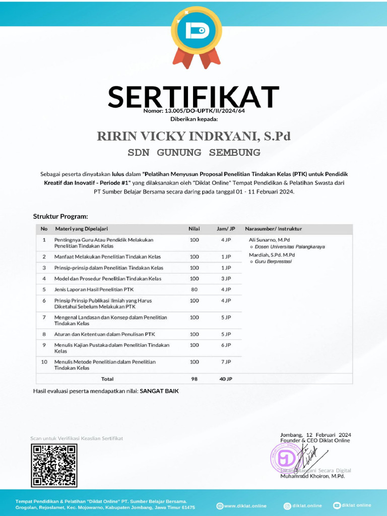 Sertifikat-Menyusun PTK RIRIN VICKY INDRYANI, S.PD | PDF