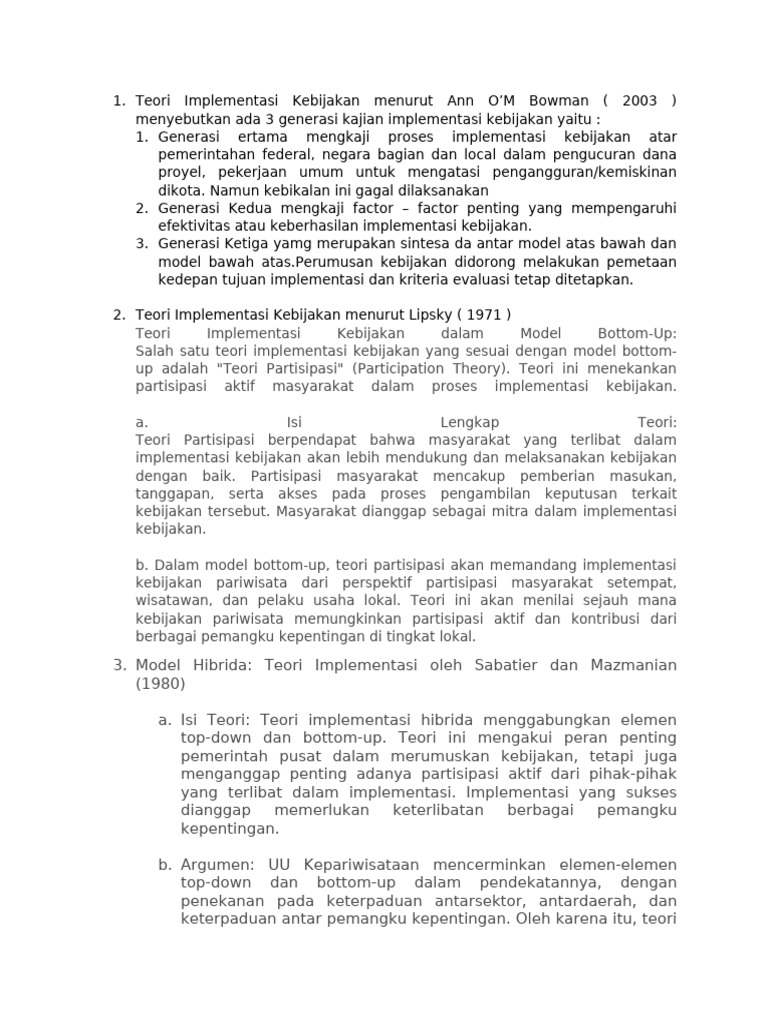 Teori Implementasi Kebijakan Menurut Ann O | PDF