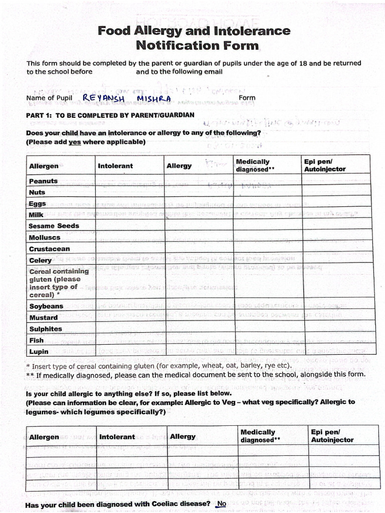 Food Allergy Form | PDF
