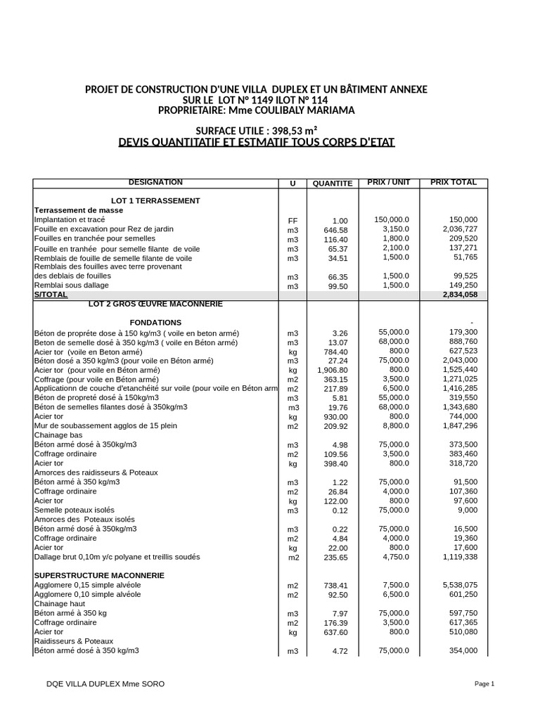 Devis Quantitatif Et Estmatif Tous Corps D'Etat | PDF | Béton | Bâtiment (construction)