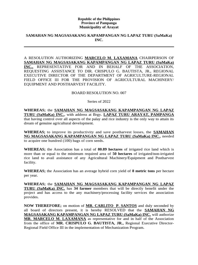 Board Resolution for Agricultural Aid | PDF | Agriculture