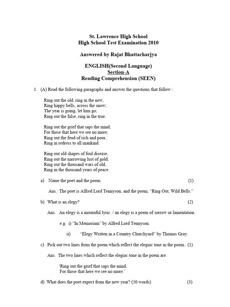 Model Question and Answer for English Second Language | PDF | Poetry