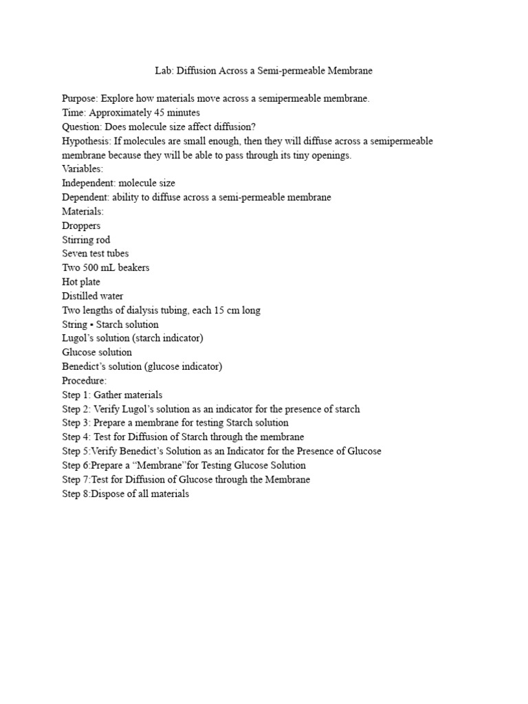 Lab: Diffusion Across A Semi-Permeable Membrane | PDF | Diffusion | Starch