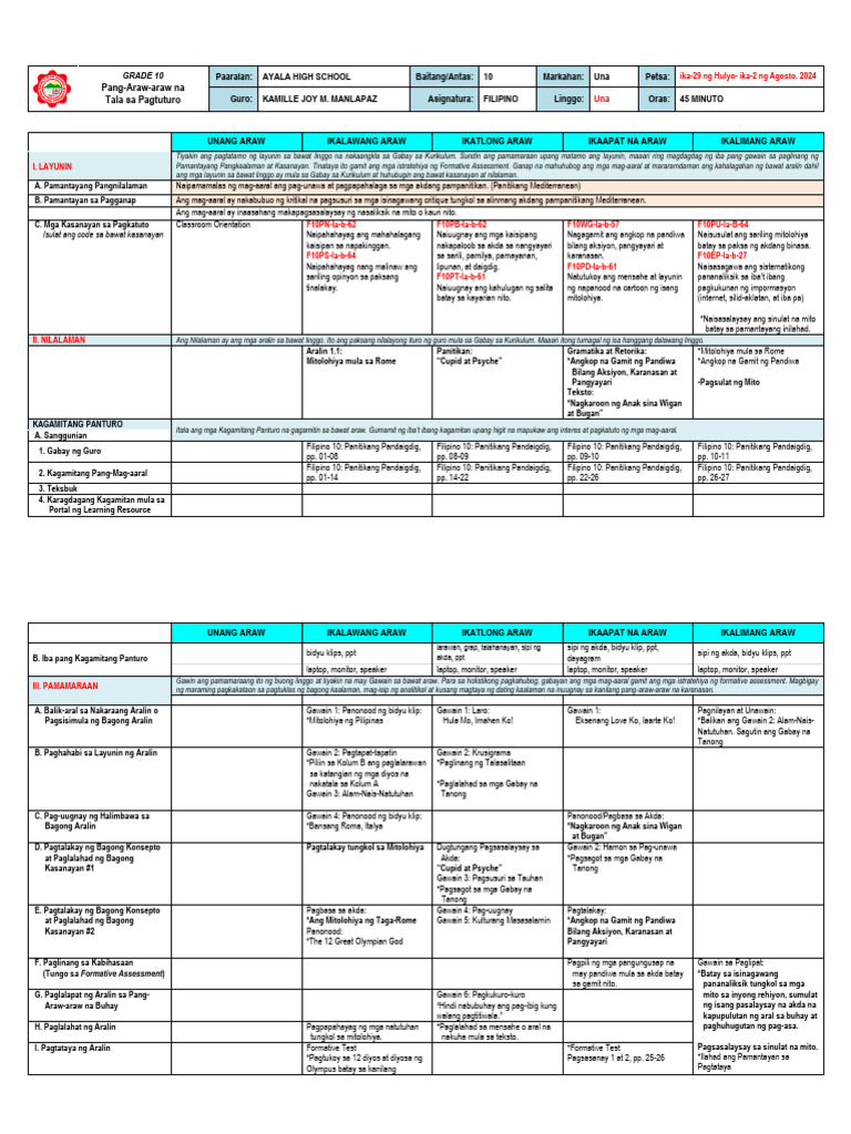 1 DLL IN FILIPINO 10. Aralin 1.1 | PDF