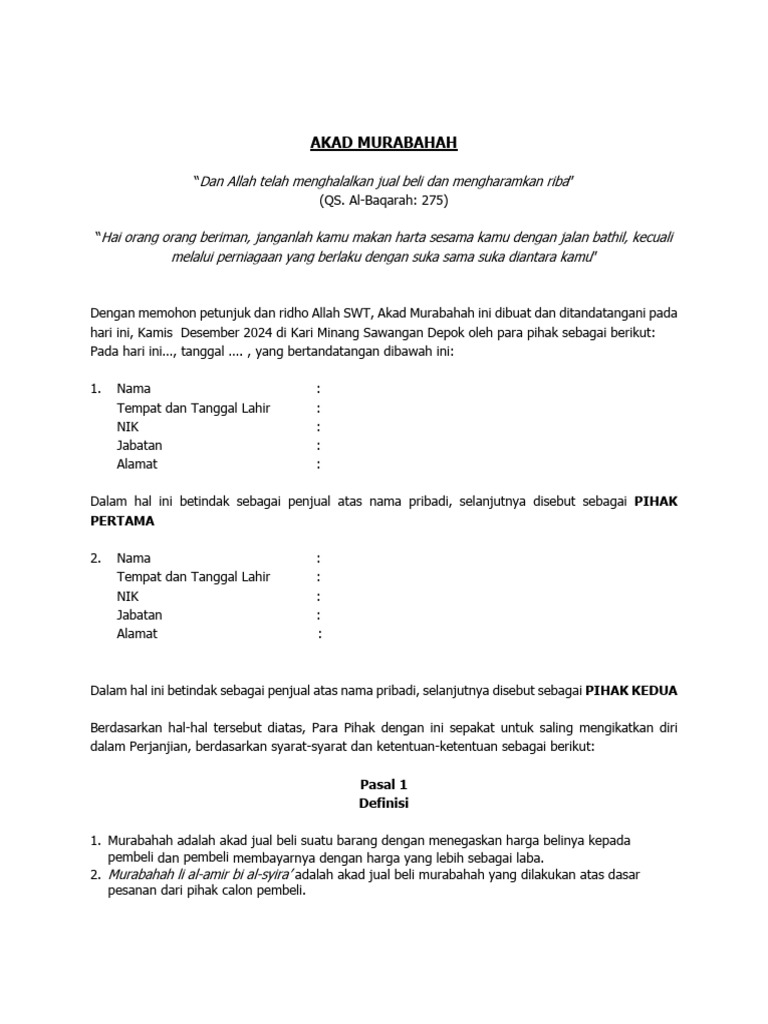 Contoh Perjanjian Akad Murabahah | PDF