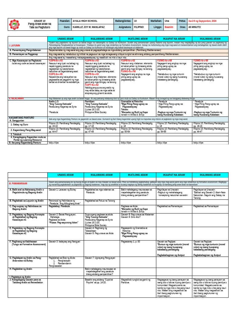 1 DLL IN FILIPINO 10. Aralin 1.5 | PDF