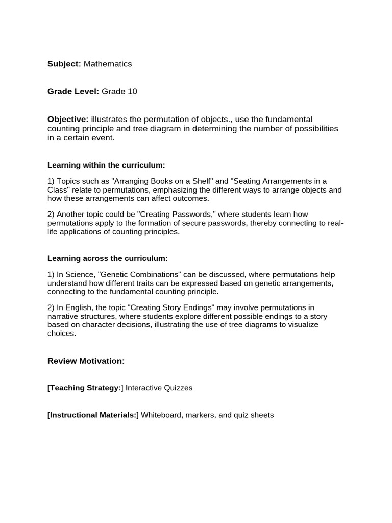 lesson_plan | PDF | Permutation | Learning