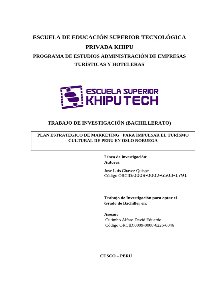 Plan Estrategico de Marketing para Impulsar El Turísmo Cultural de Peru ...