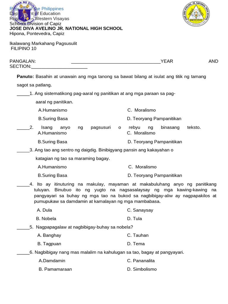 2ND Quarter Exam Filipino 10 | PDF