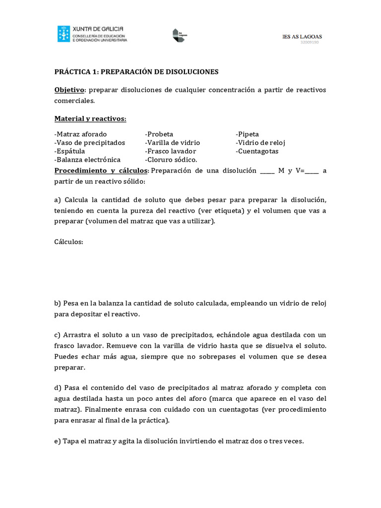 PRÁCTICA 1. Preparación disoluciones a partir de un sólido | PDF | Concentración