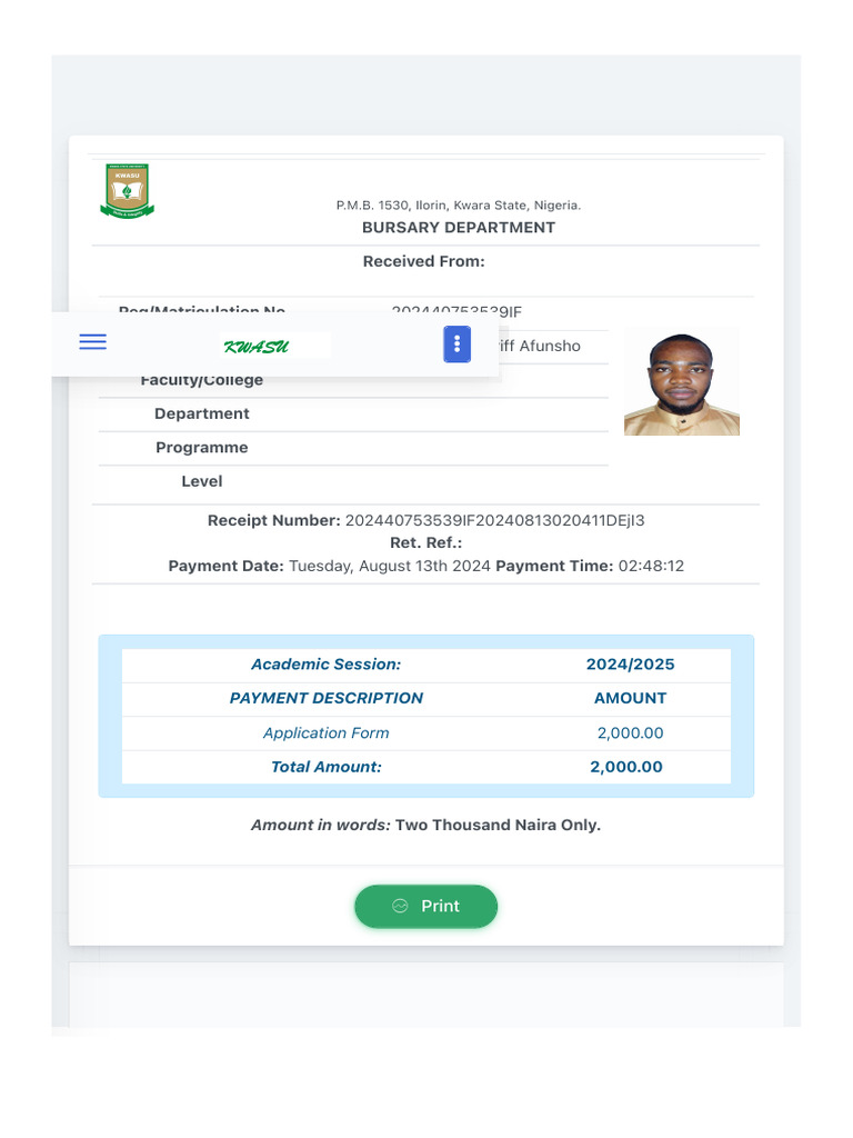 KWARA STATE UNIVERSITY Payment Receipt | PDF