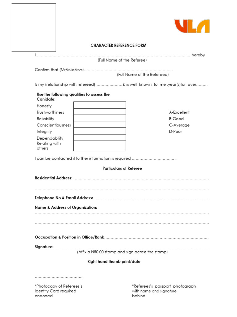 Character Reference Form Pdf