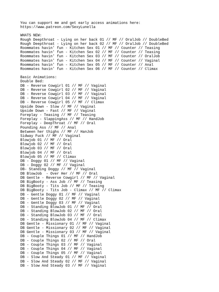 Animation List | PDF | Oral Sex | Fellatio