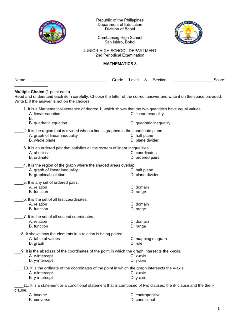 MATH 8- 2ND Q PE | PDF | Function (Mathematics) | Cartesian Coordinate ...