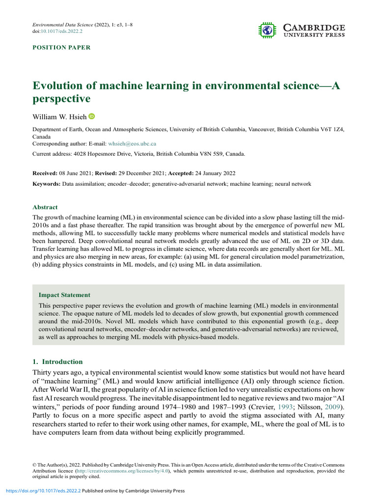 Evolution of Machine Learning in Environmental Sciencea Perspective ...