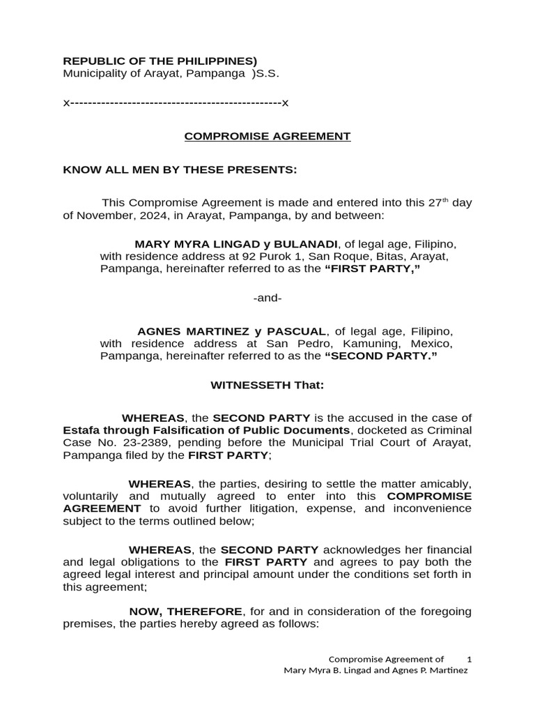 Compromise Agreement Lingad and Martinez | PDF | Payments | Private Law