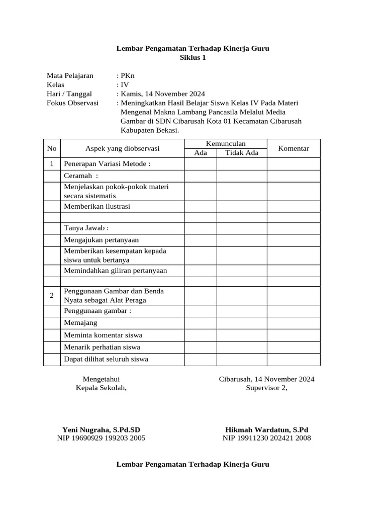 Lembar Pengamatan Terhadap Kinerja Guru | PDF