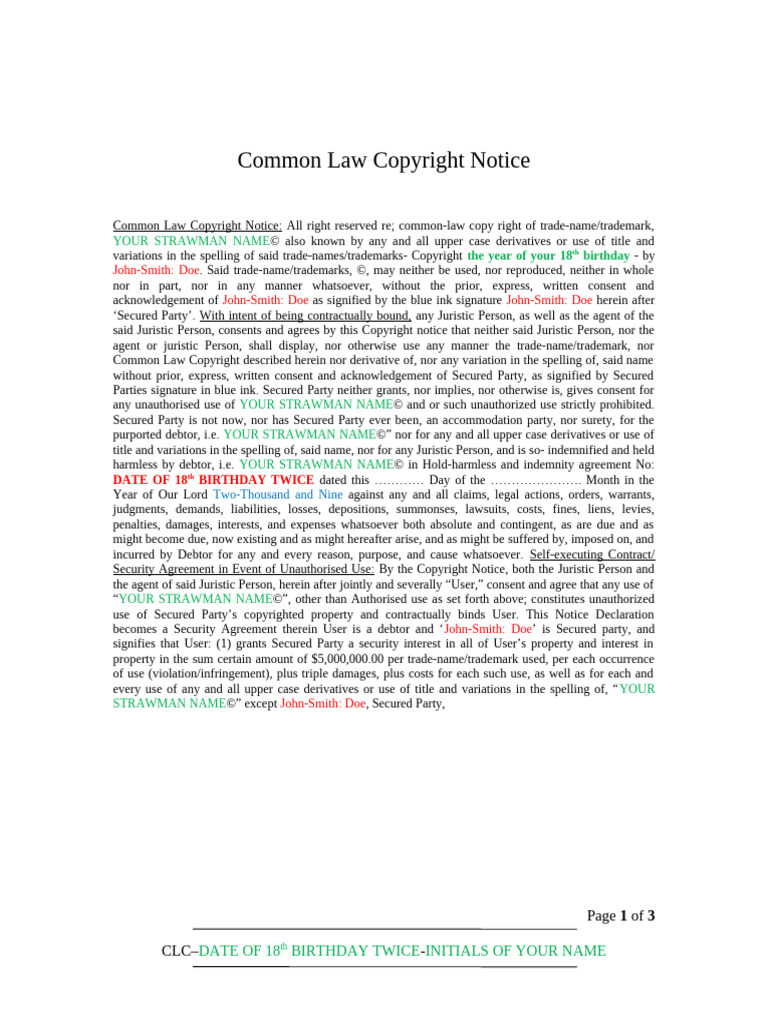 Common Law Copyright Notice (Generic) | PDF | Security Interest ...