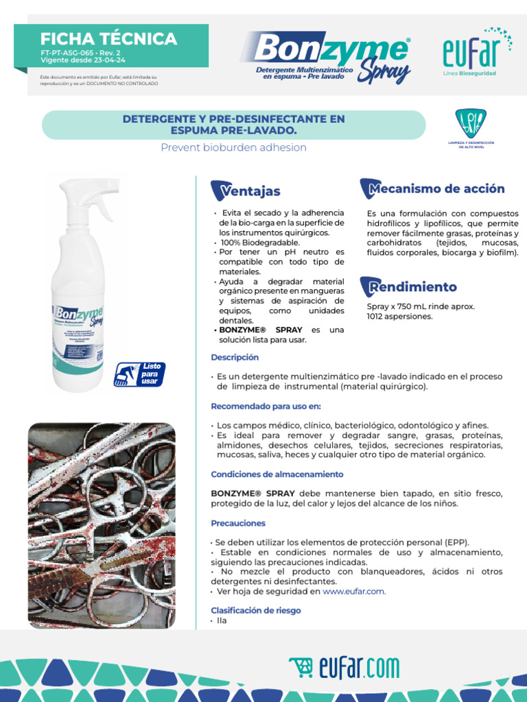 FT-PT-ASG-065-01 Bonzyme Spray | PDF | Detergente | Contaminación