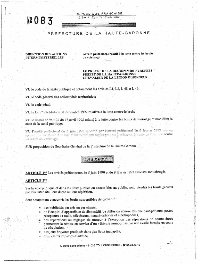 Arrete Pref Lutte Contre Bruits Voisinage 23 07 1996 | PDF