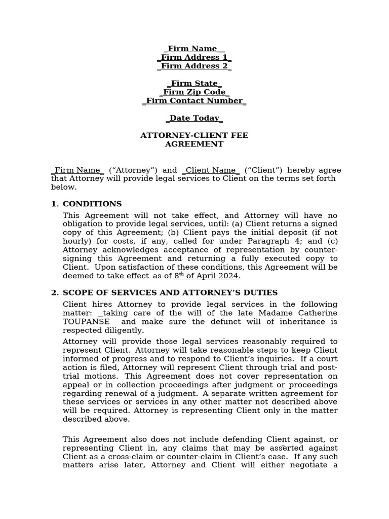 Attorney-Client Fee Agreement Template | PDF | Costs In English Law ...