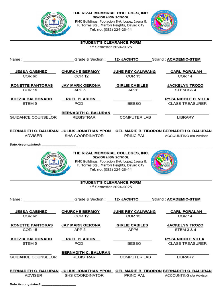 G12-CLEARANCE-1ST-SEM | PDF