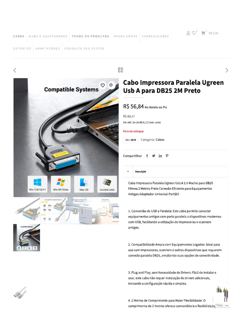 Cabo Impressora Paralela Ugreen Usb A para DB25 2M Preto - Ugreen | PDF