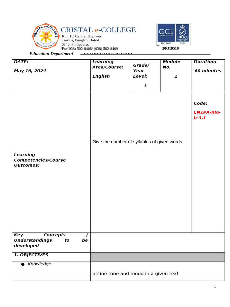 English Lesson Plan Syllables Mood Pdf Learning Lesson Plan