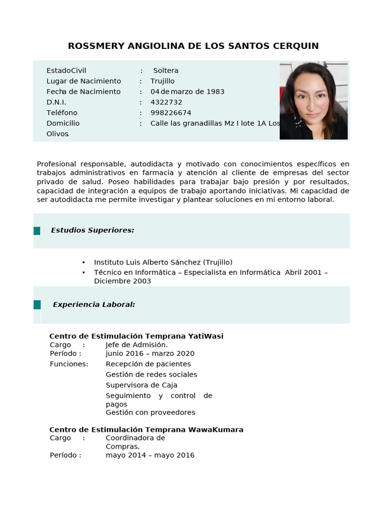 Cv. Rossmery de Los Santos | PDF | Farmacia | Hospital