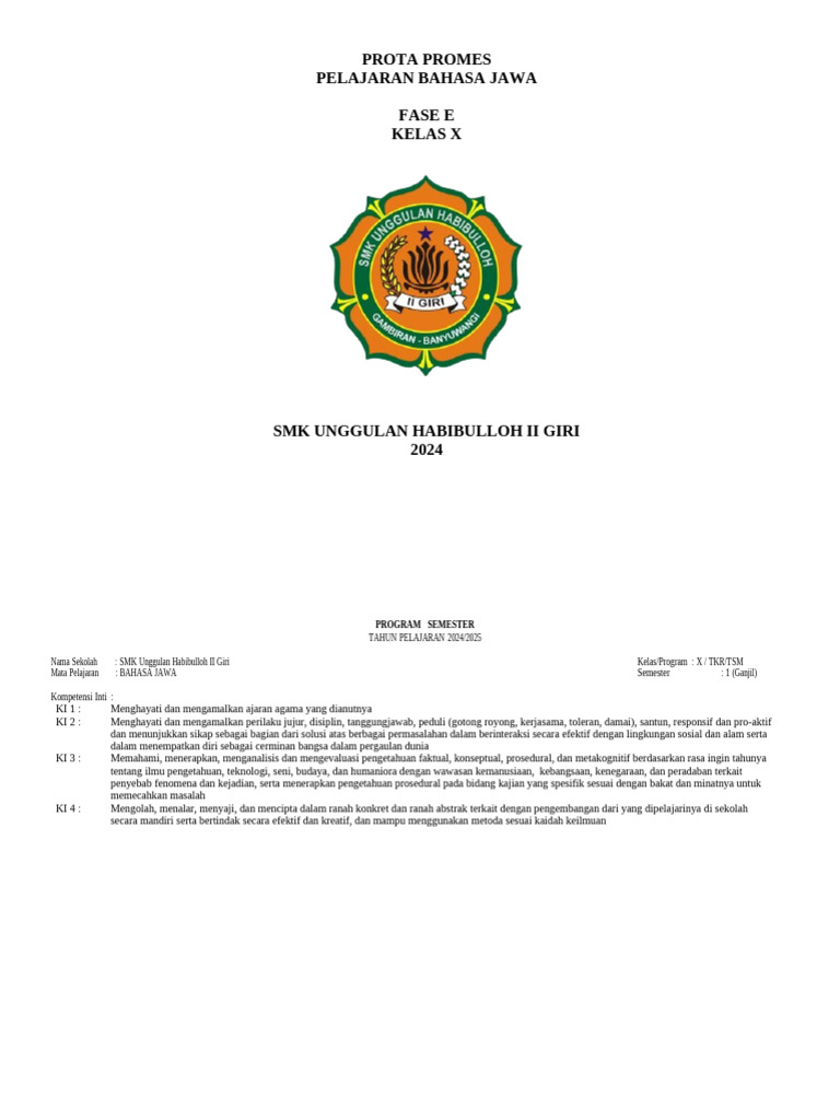 Prota Promes Bahasa Jawa | PDF