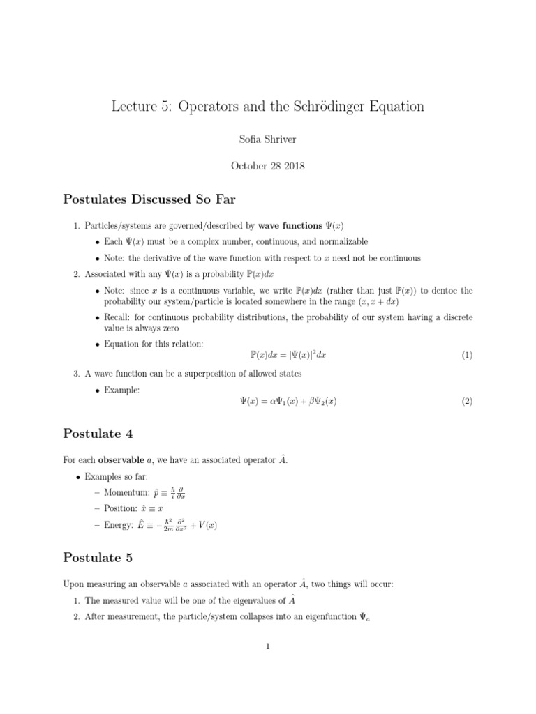 Lecture_5__Operators_and_the_Schrodinger_Equation | PDF | Wave Function | Schrödinger Equation
