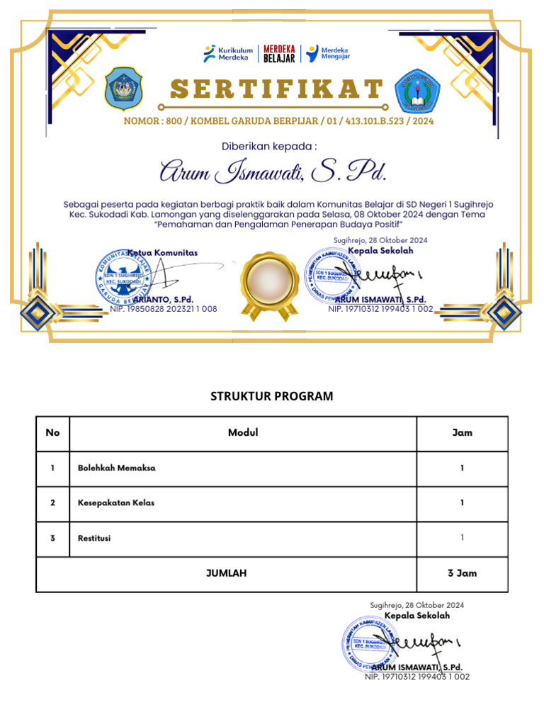 Sertifikat Arum Ismawati PDF | PDF